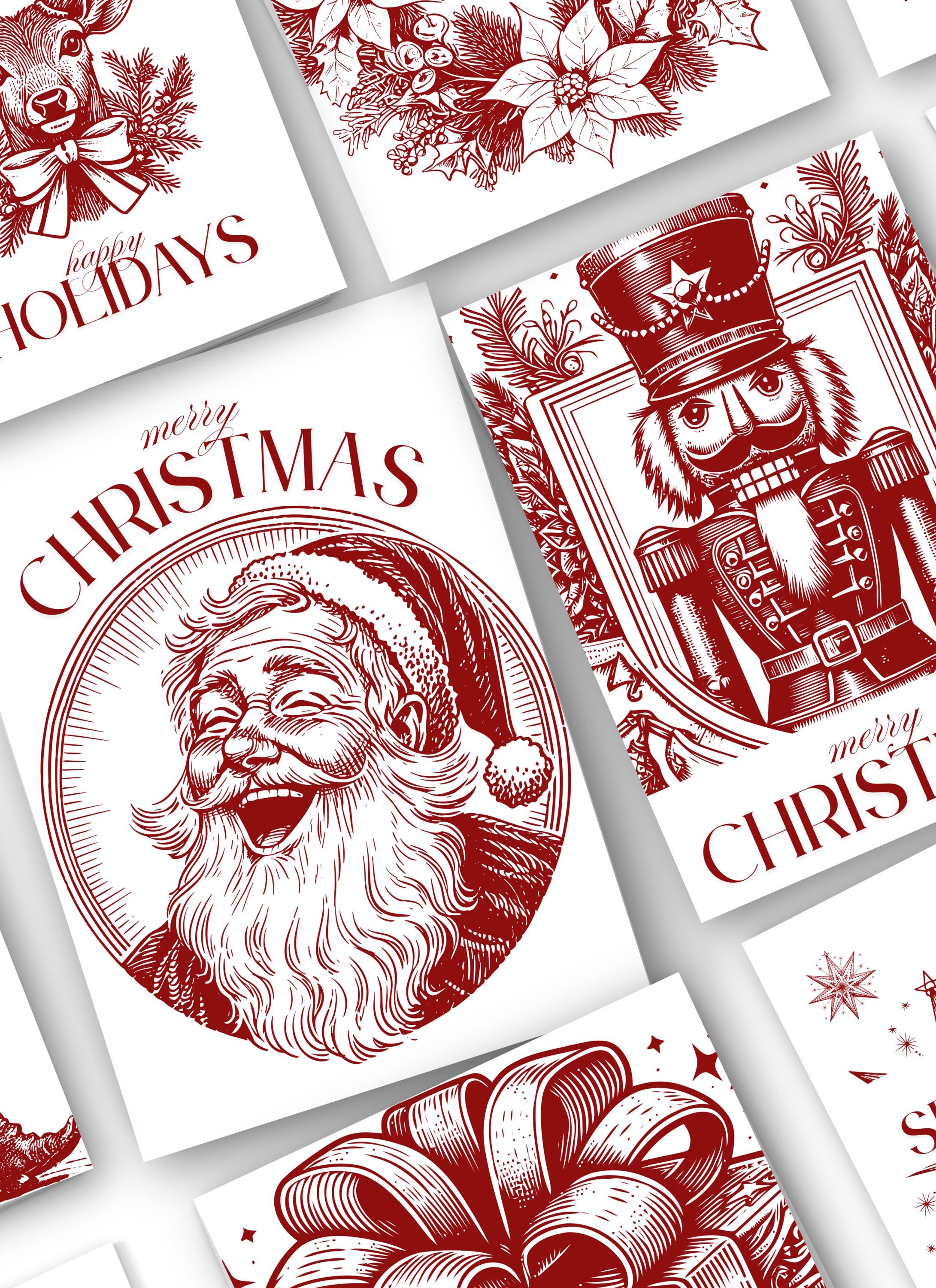 Vintage Red Christmas Card Set | Retro Holiday Line Art | Printable ...