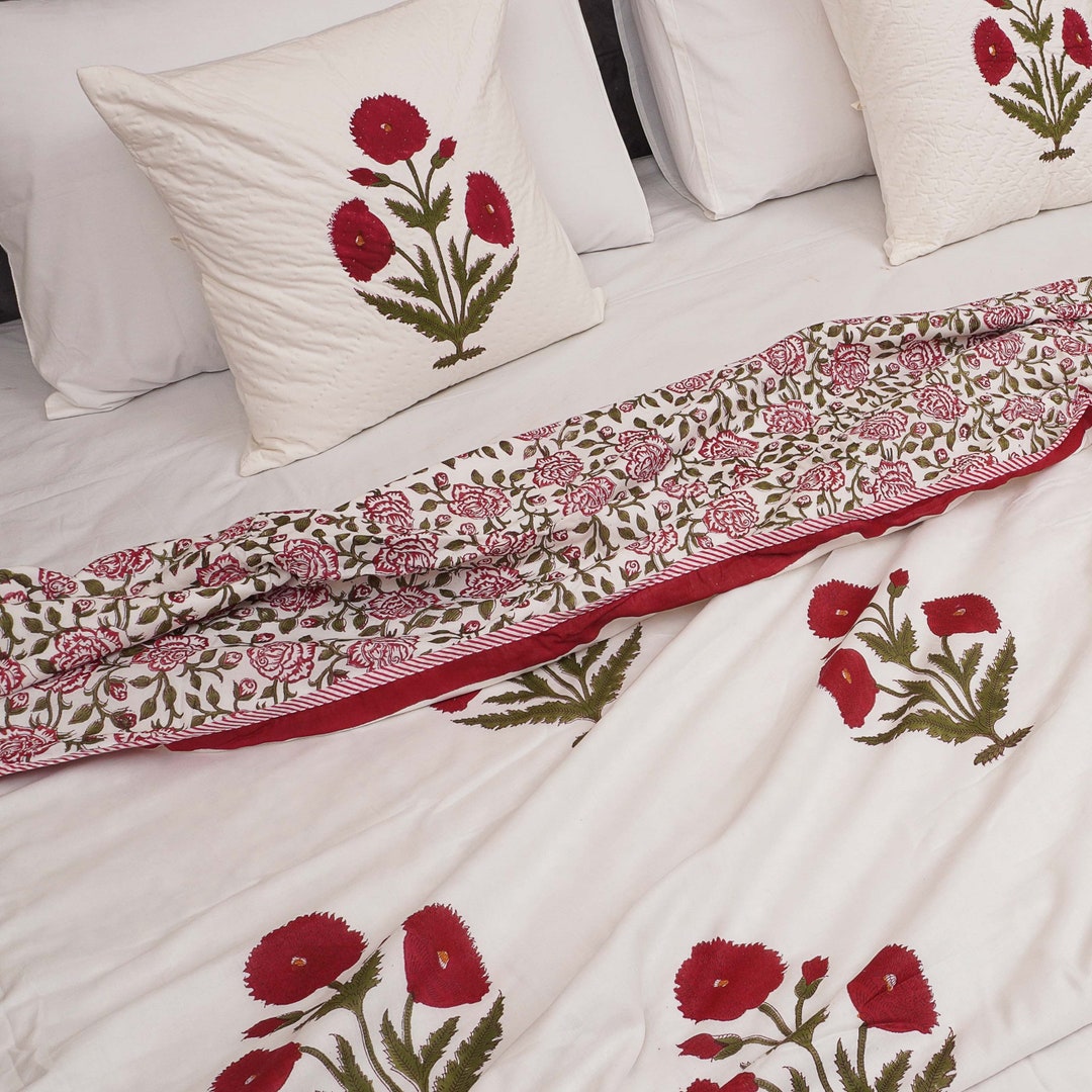 Blushing Poppies Reversible Handblock Printed Hand Made Cotton Dohar ...