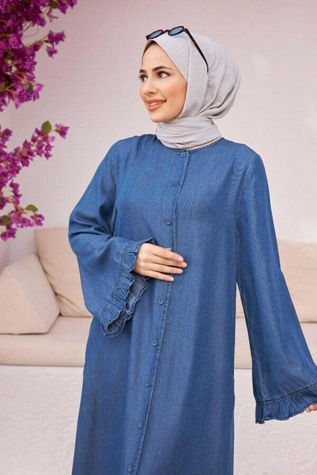 Buttoned Front With Long Sleeves Detailed Blue Abaya - Etsy
