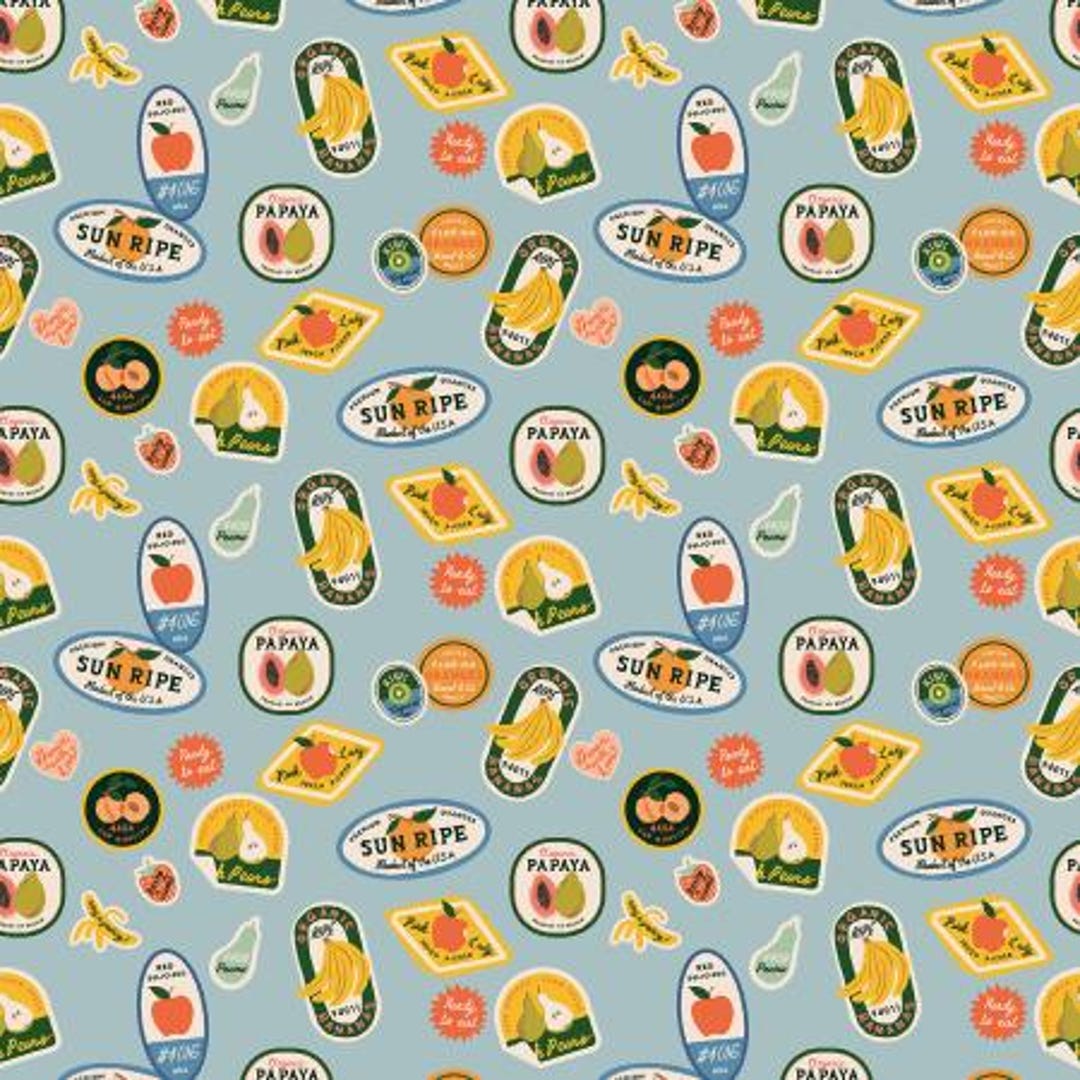 RP1201-LB3 Orchard - Fruit Stickers - Light Blue Fabric Rifle Paper Co ...