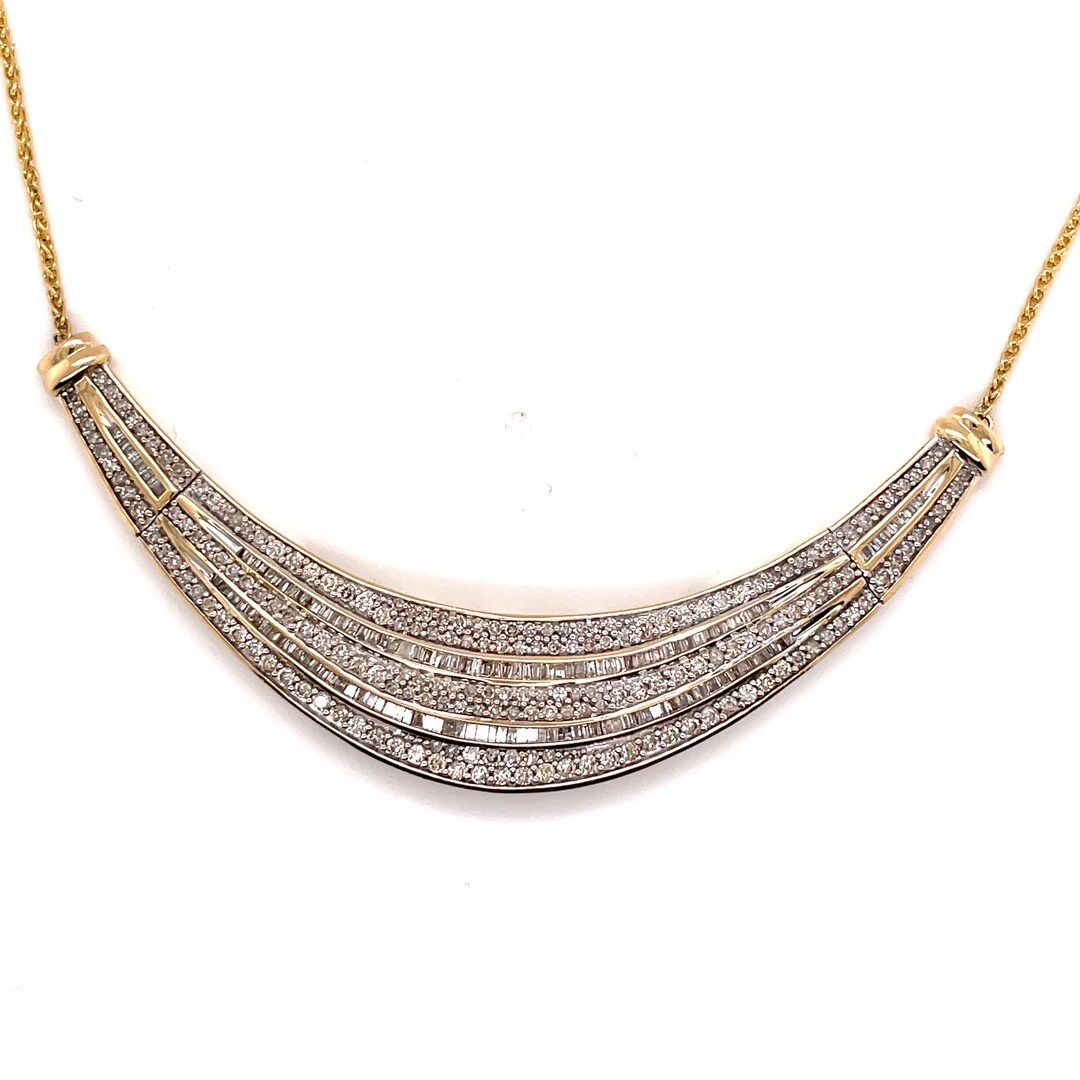 14KT Yellow Gold Round & Baguette Diamond Multi Row Bar Necklace - Etsy