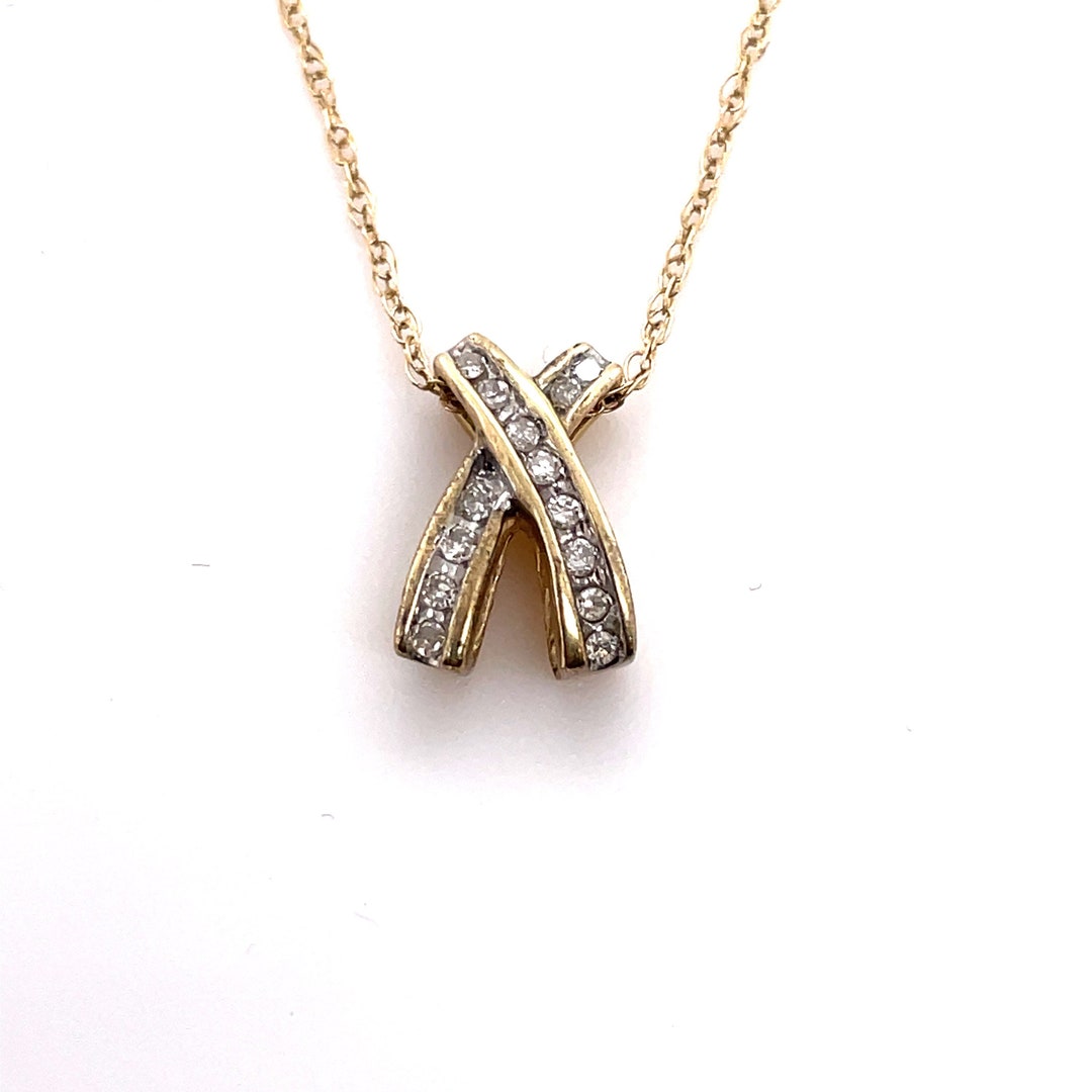 10K Yellow Gold Diamond X Criss Cross Channel Pendant - Etsy