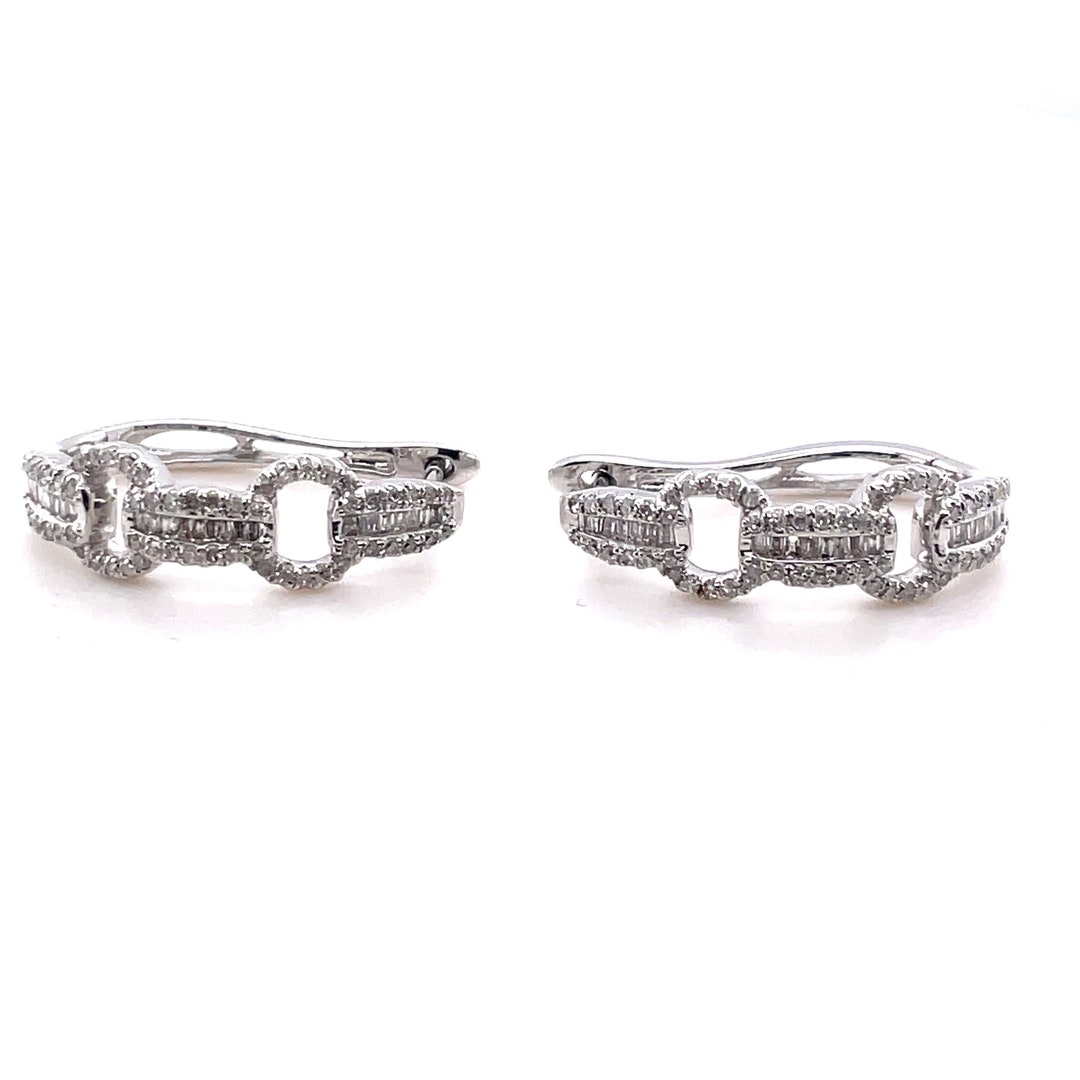 14KT White Gold Round & Baguette Diamond Chain Link Hoop Earrings - Etsy