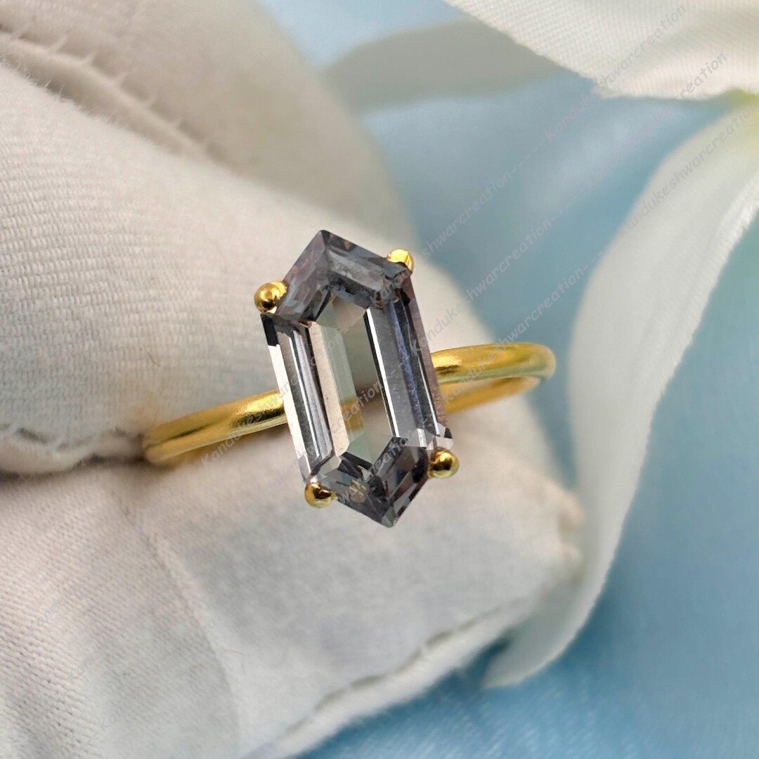 Grey Spinel Ring, Hexagon 7x14m 925 Sterling Silver, Dainty Engagement ...