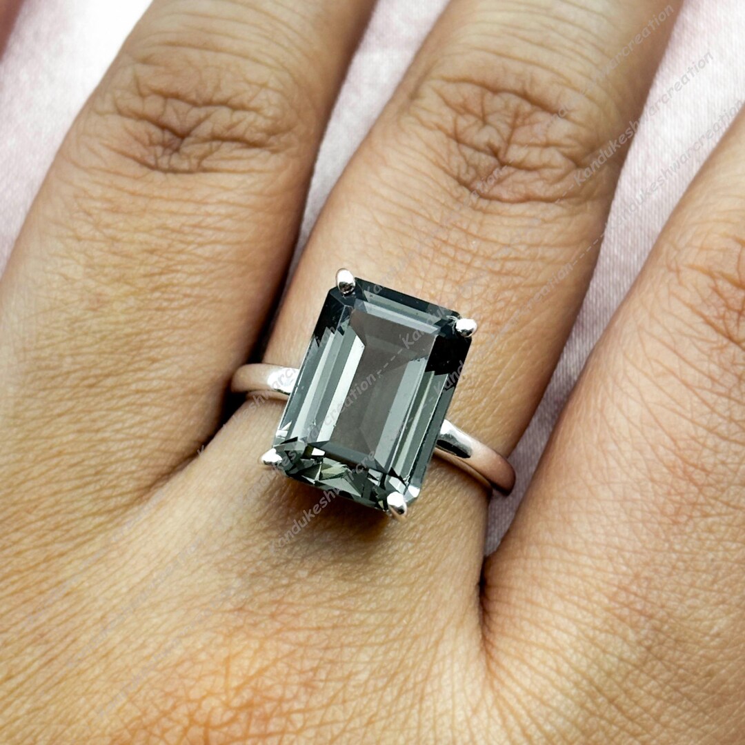 Vintage Gray Spinel Ring, 18K Gold Fill Emerald Cut 10x14mm Grey Spinel ...