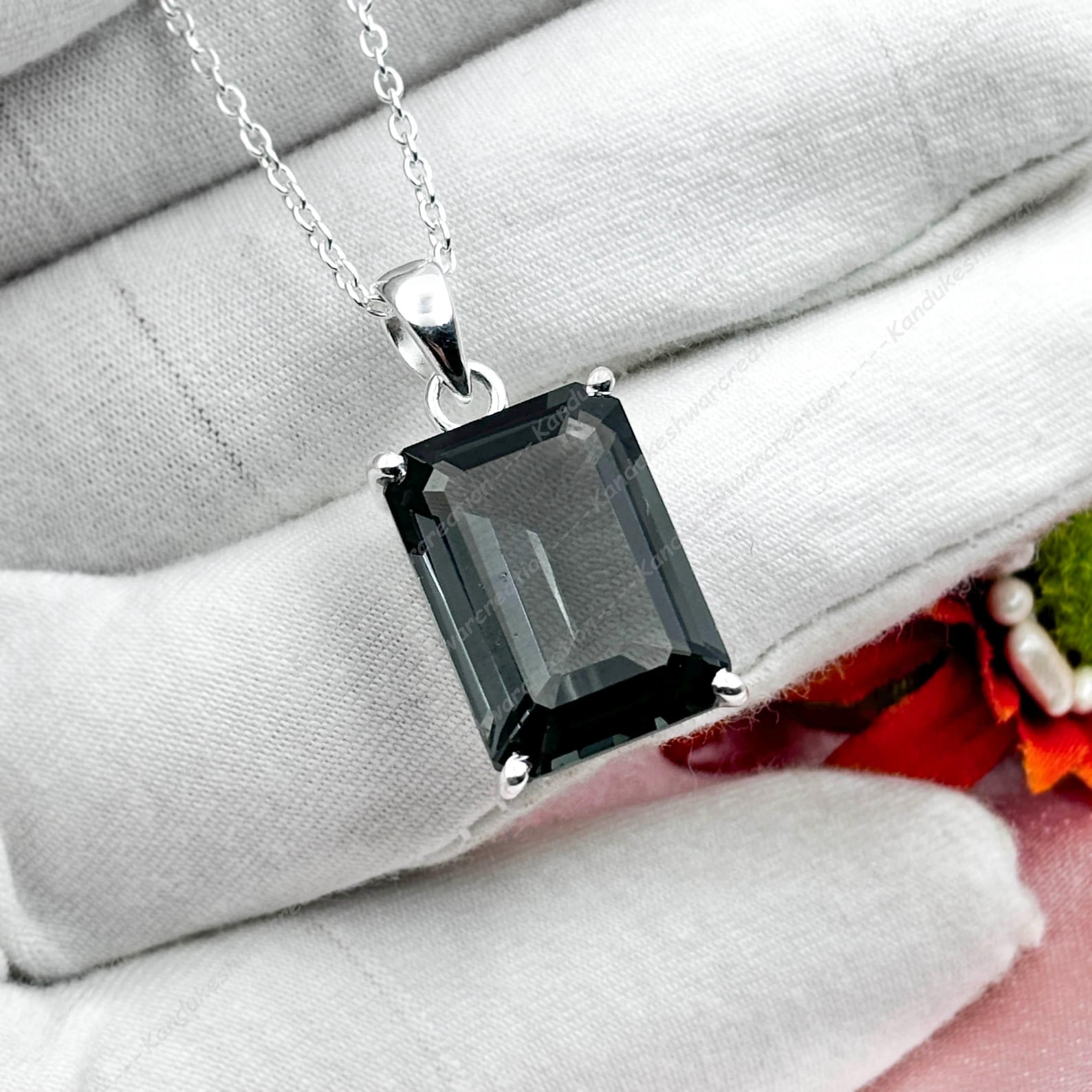 Gray Spinel Pendant: Large Emerald Cut, Sterling Silver Handmade ...