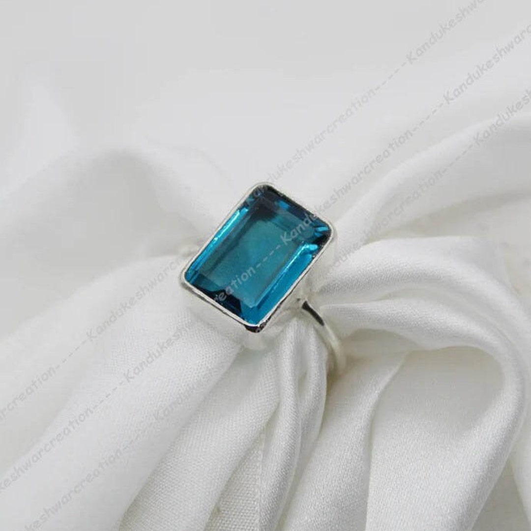 London Blue Topaz Ring, Emerald Cut London Topaz Ring, Engagement Gift ...