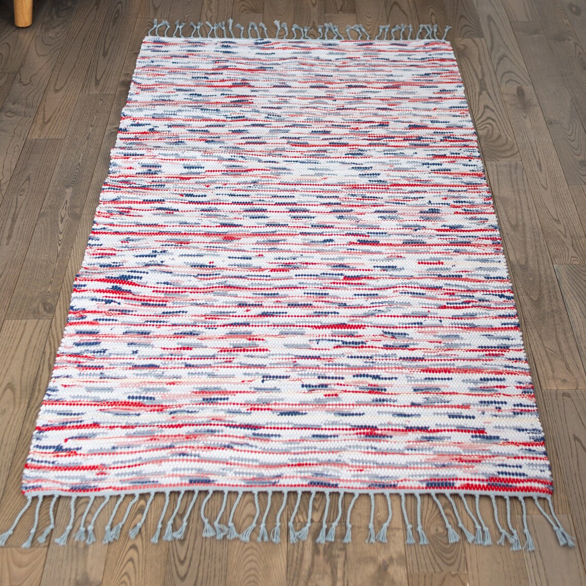 Upcycled Handwoven Rag Rug/runner - Designer, White, Blue & Red Tones ...