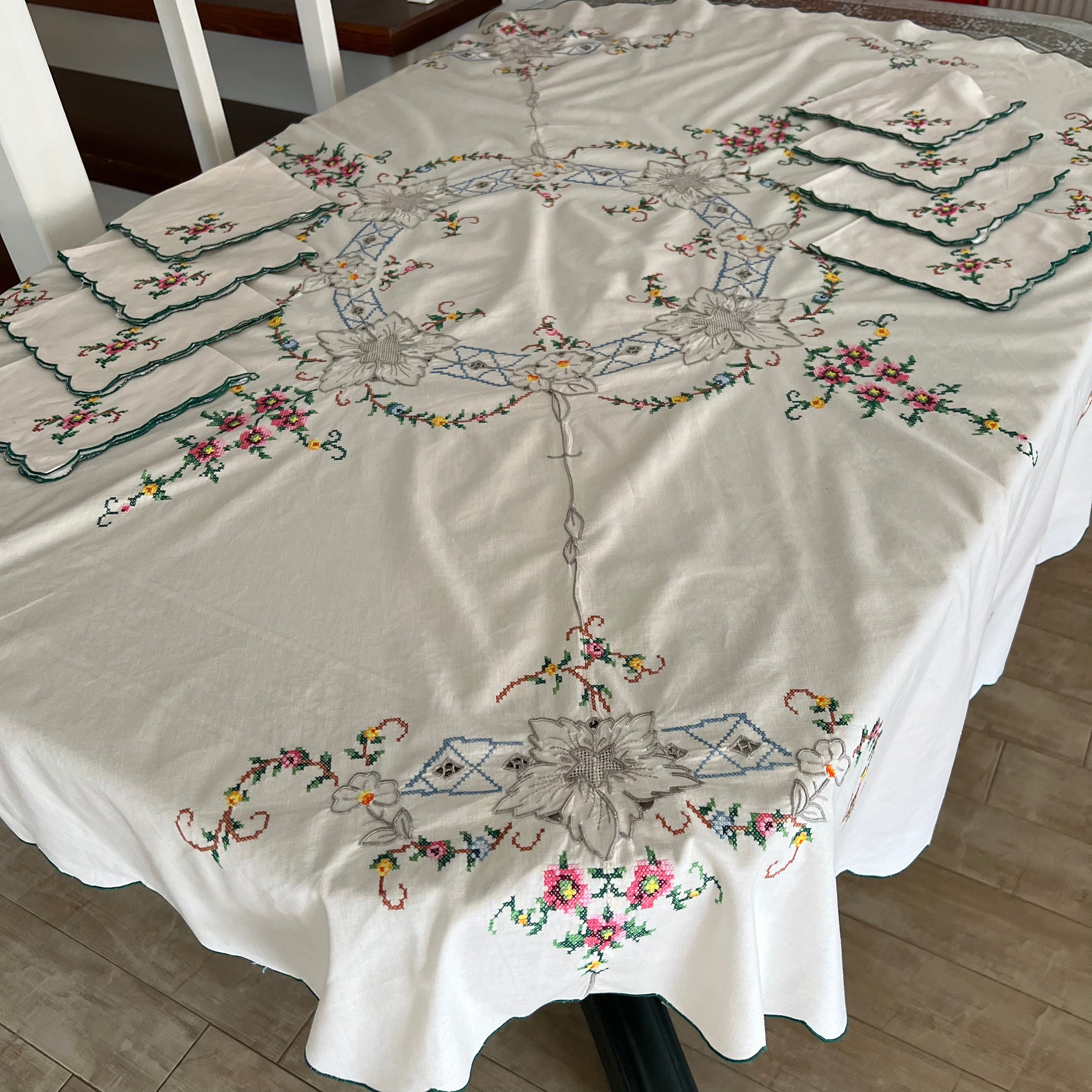 Vintage Unused Tablecloth, Embroidered Tablecloth, Cross Stitch Flowers ...