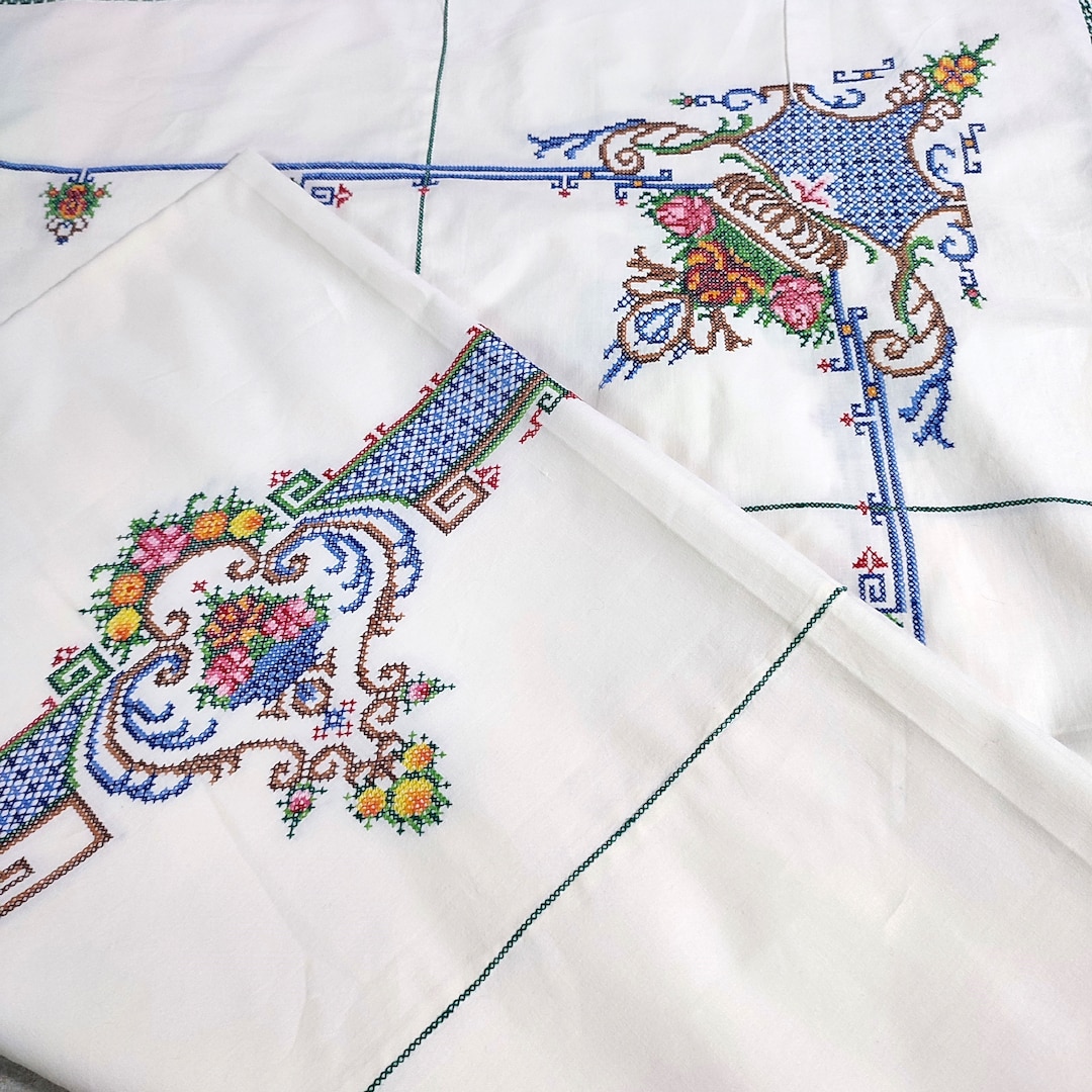 Large Embroidered Tablecloth Cross-stitch Cottage Flowers Gift for Her ...