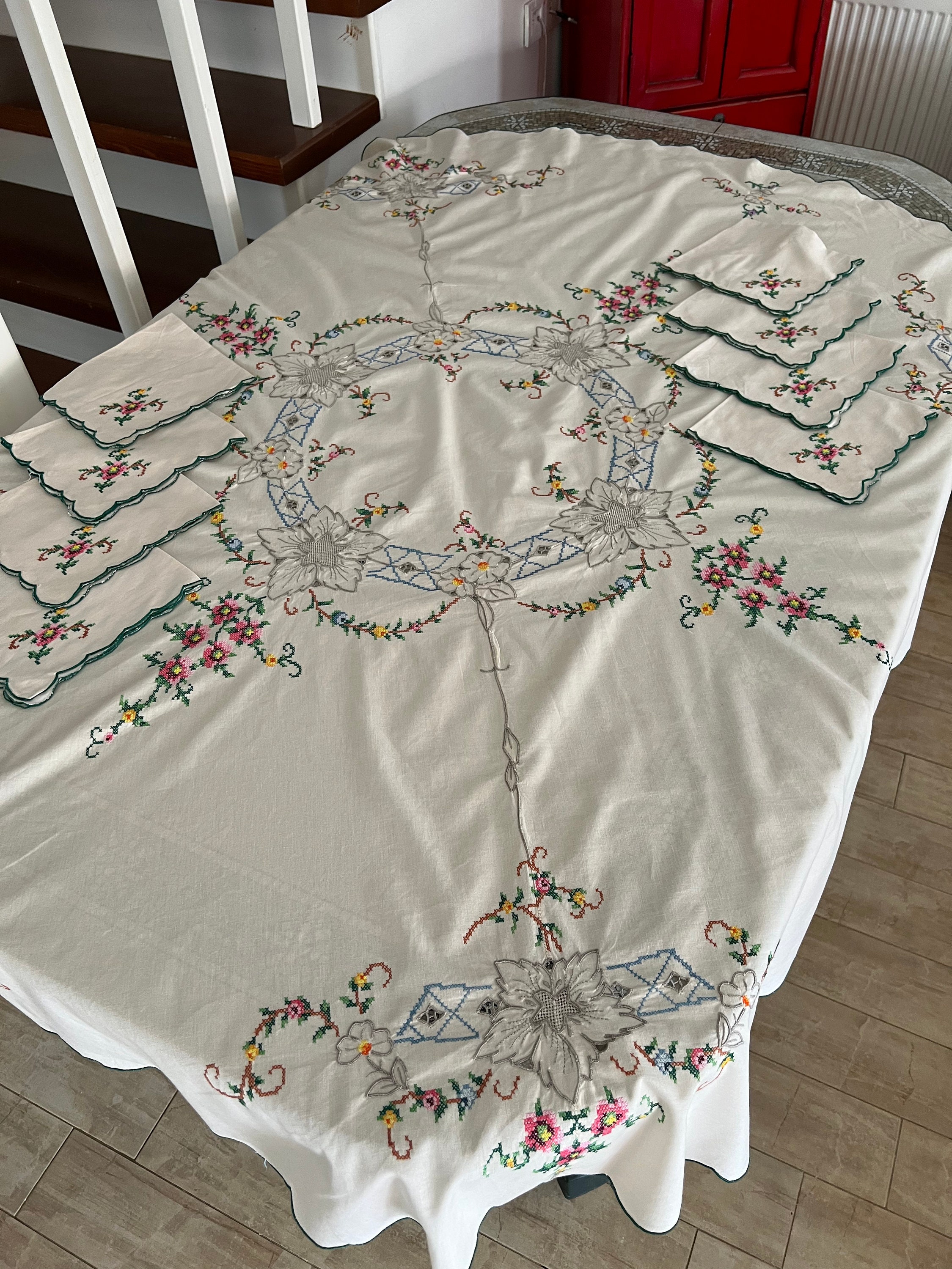Vintage Unused Tablecloth, Embroidered Tablecloth, Cross Stitch Flowers ...
