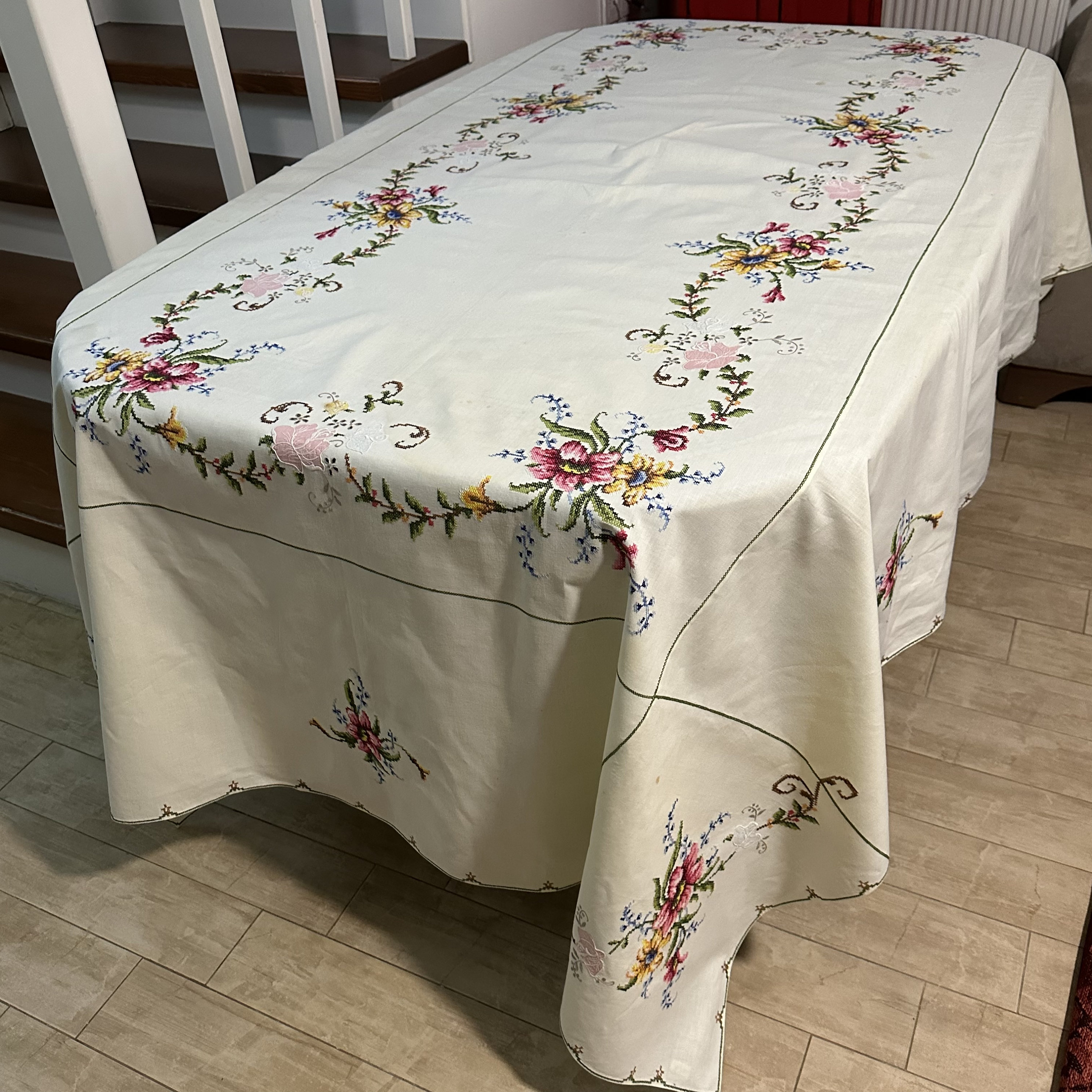 Yellowish Linen, Rectangle Tablecloth, Floral Embroidery, Cross-stitch ...