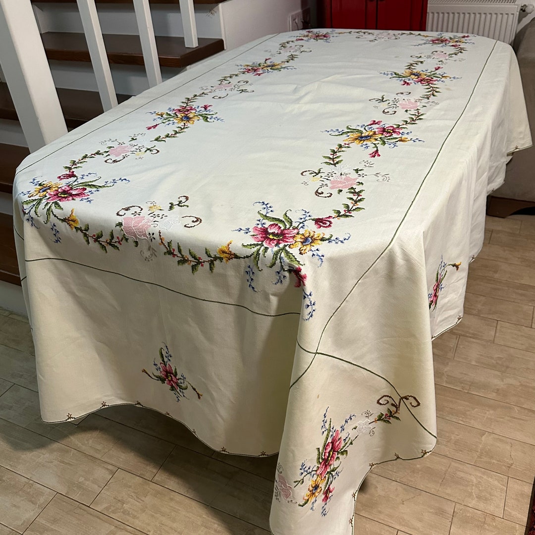 Yellowish Linen, Rectangle Tablecloth, Floral Embroidery, Cross-stitch ...