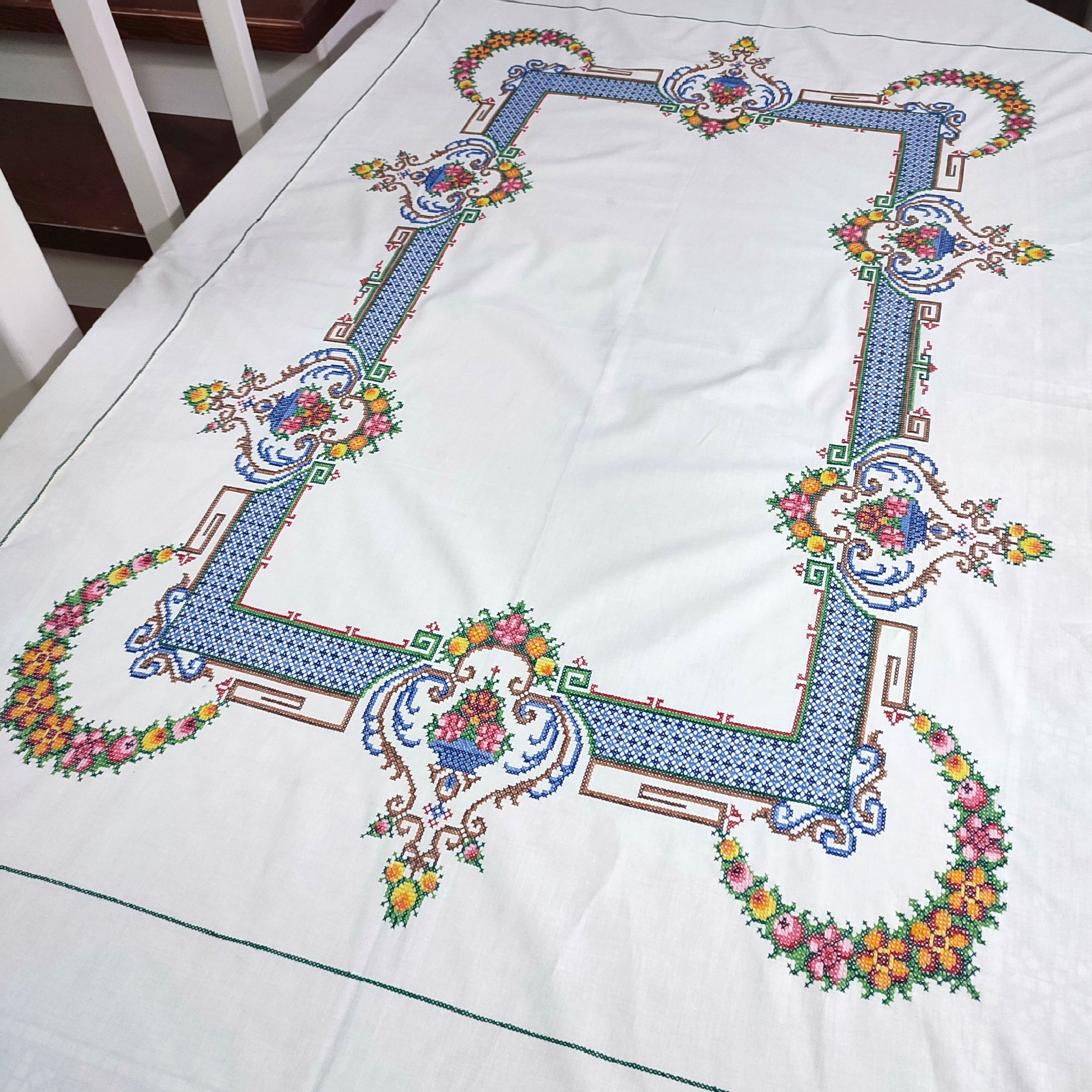 Large Embroidered Tablecloth Cross-stitch Cottage Flowers Gift for Her ...