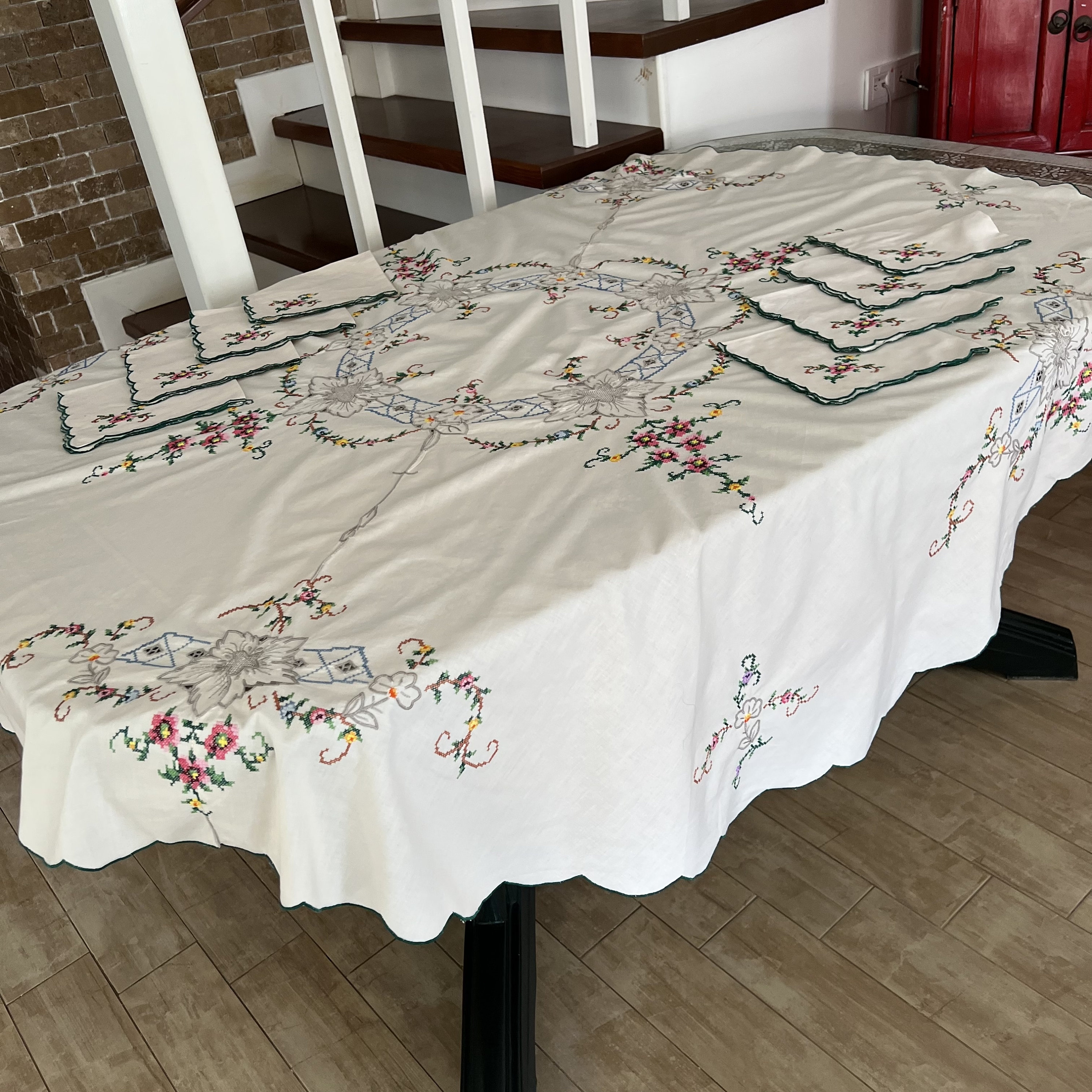 Vintage Unused Tablecloth, Embroidered Tablecloth, Cross Stitch Flowers ...