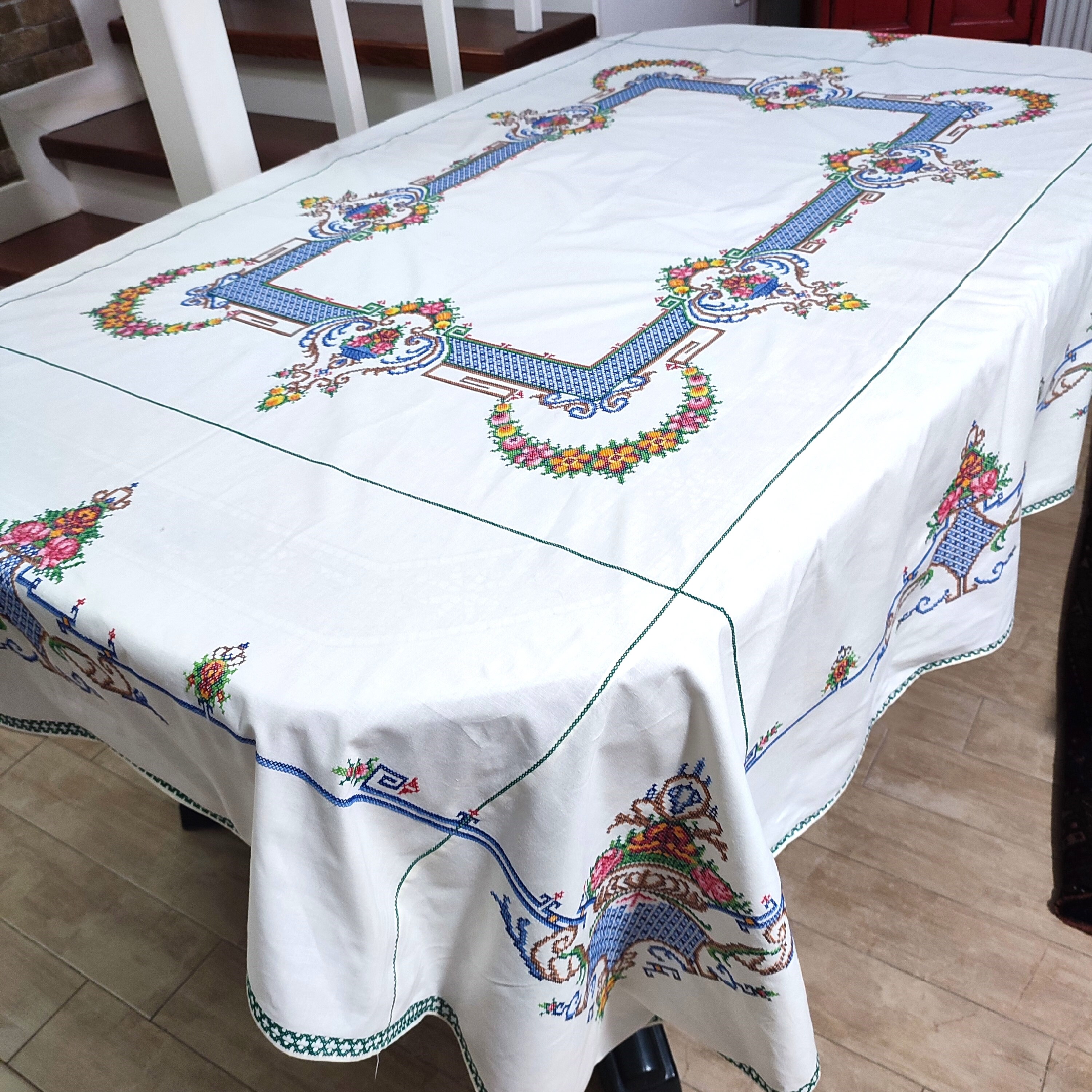 Large Embroidered Tablecloth Cross-stitch Cottage Flowers Gift for Her ...