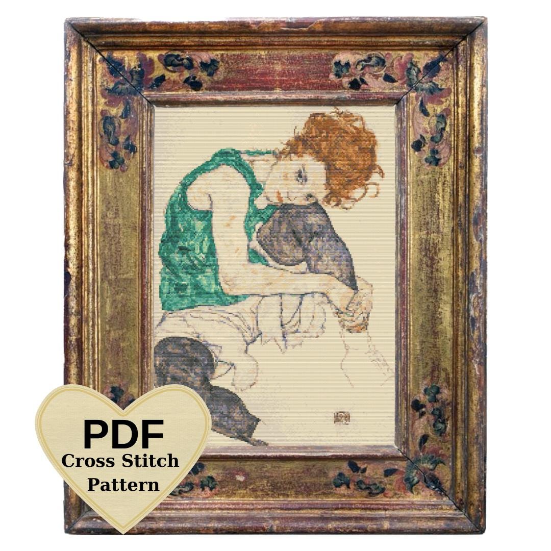 Egon Schiele Cross Stitch Pattern, Instant Download, Seated Woman With Bent Knee, Female ...
