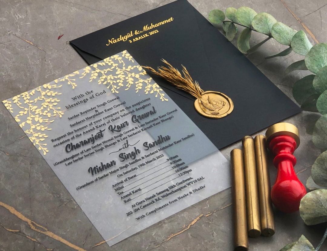 Translucent Acrylic Wedding Invite With Black Envelope, Gold Floral and ...