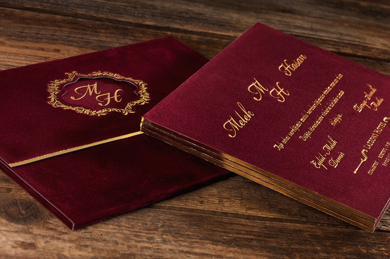 Red Unique Velvet Wedding Invitation and Bordeaux Minimalist - Etsy