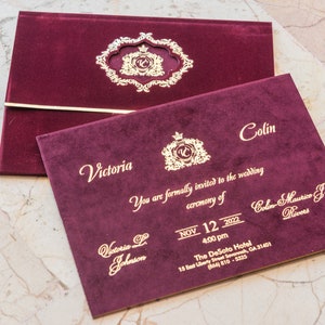 Red Unique Velvet Wedding Invitation and Bordeaux Minimalist Invite ...