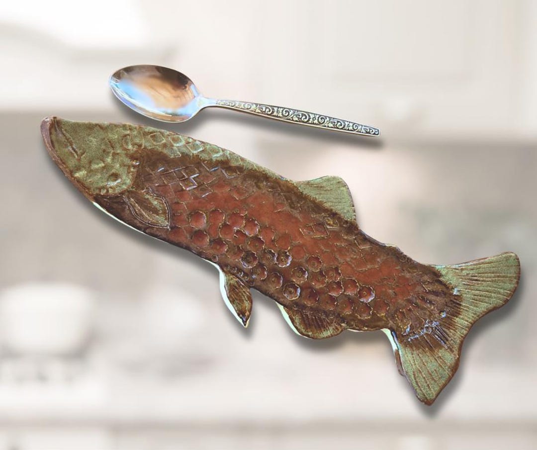 Hand Carved Stoneware Pottery Fish Dish or Tray for Food, Large Spoon ...
