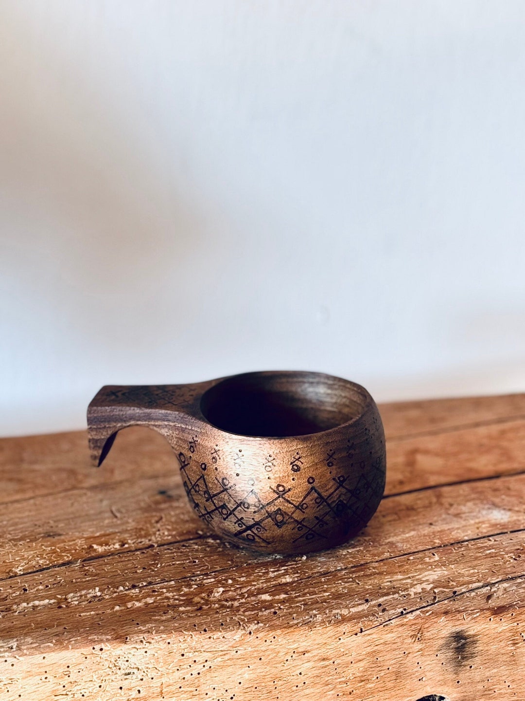 Hand Carved Walnut Kuksa With Pyrography Ornament, Nordic Wood Cup With ...