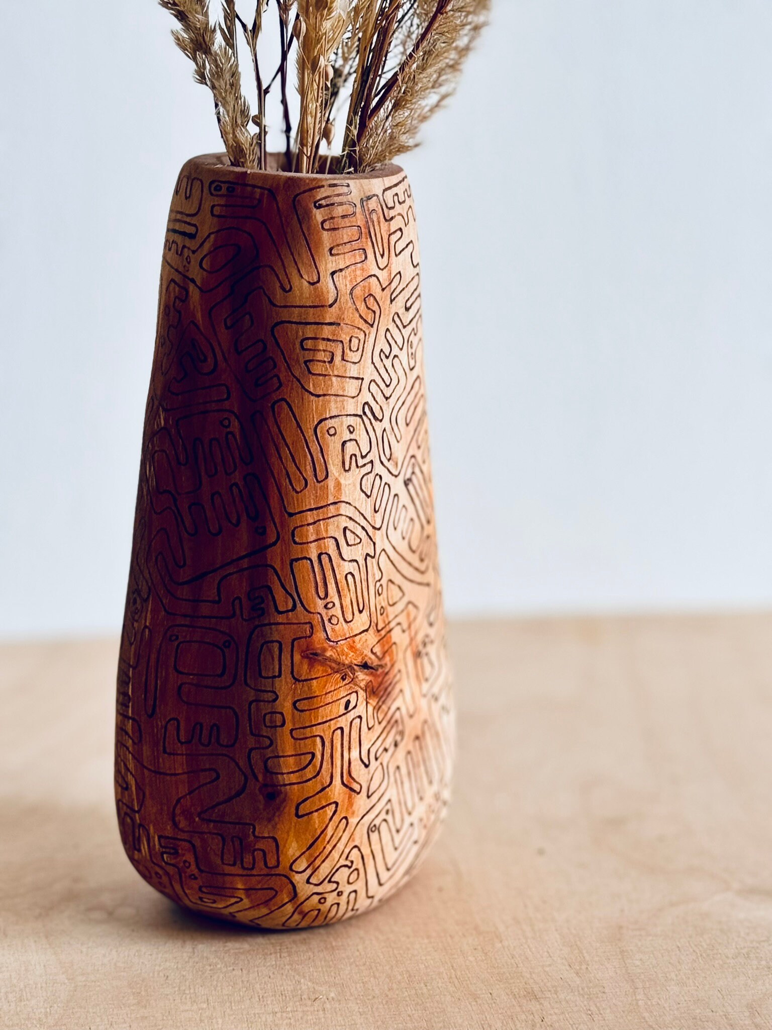 Rustic Wooden Bud Vase With Pyrography, Tribal Style Home Accent for ...
