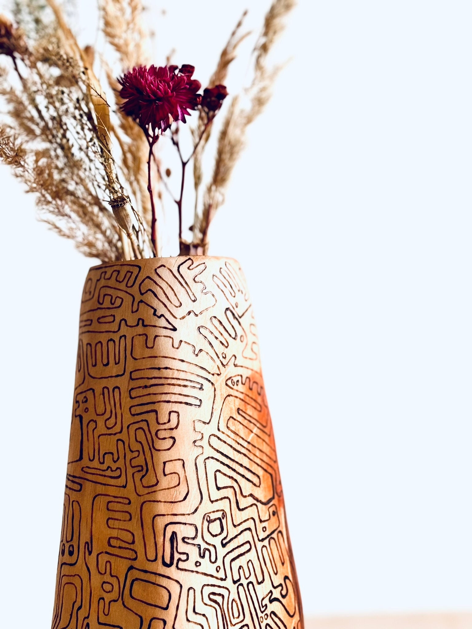 Rustic Wooden Bud Vase With Pyrography, Tribal Style Home Accent for ...