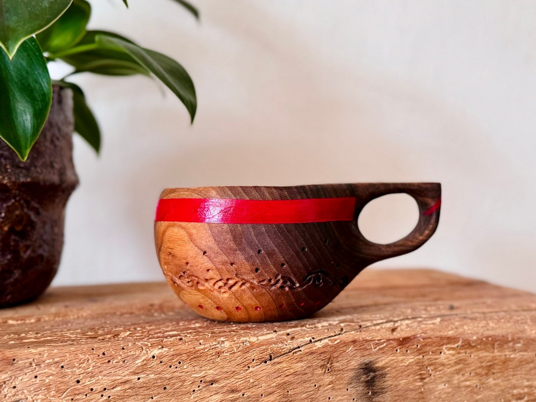 Hand Carved Walnut Kuksa With Pyrography Ornament, Nordic Wood Cup With ...