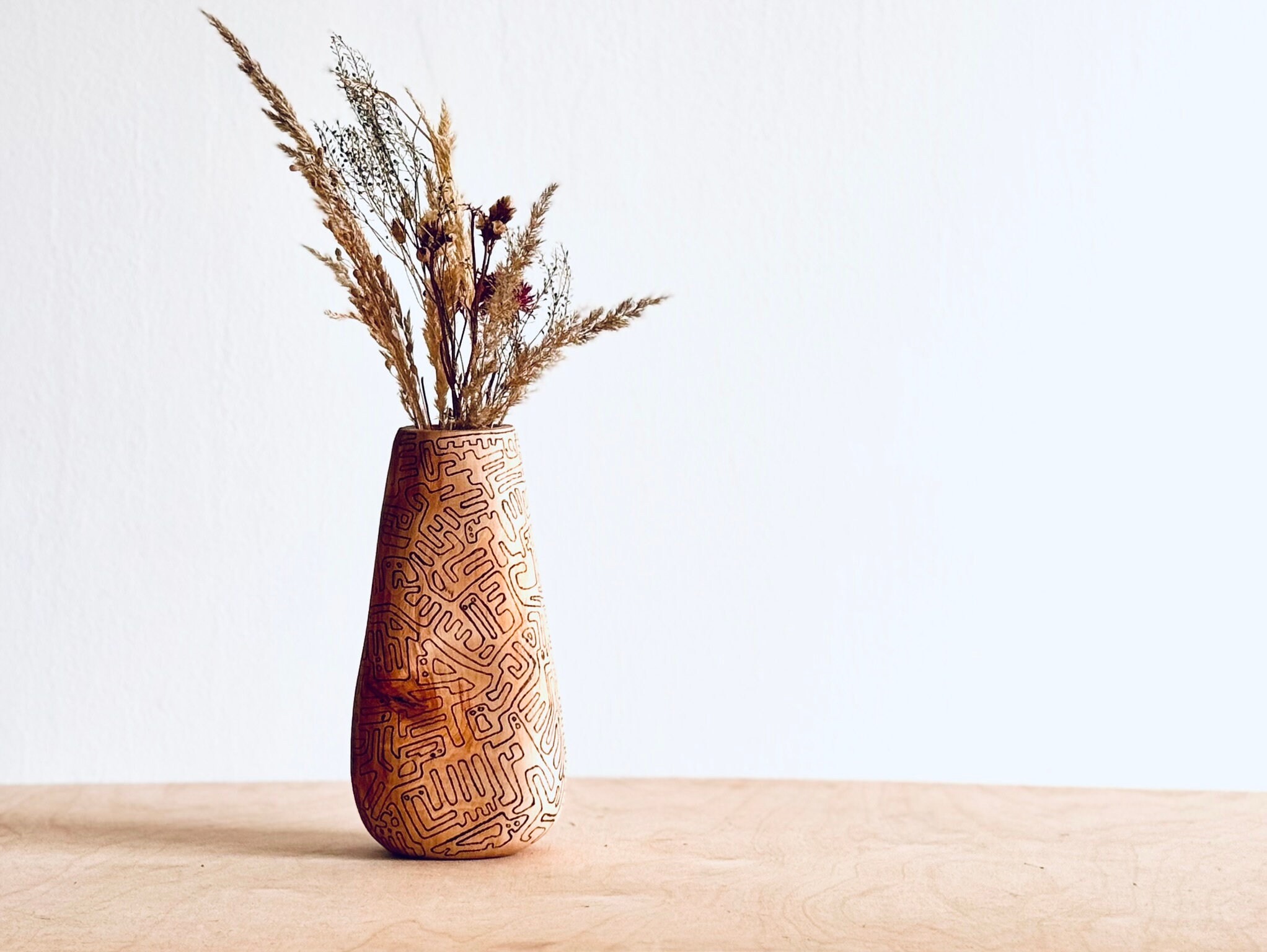 Rustic Wooden Bud Vase With Pyrography, Tribal Style Home Accent for ...