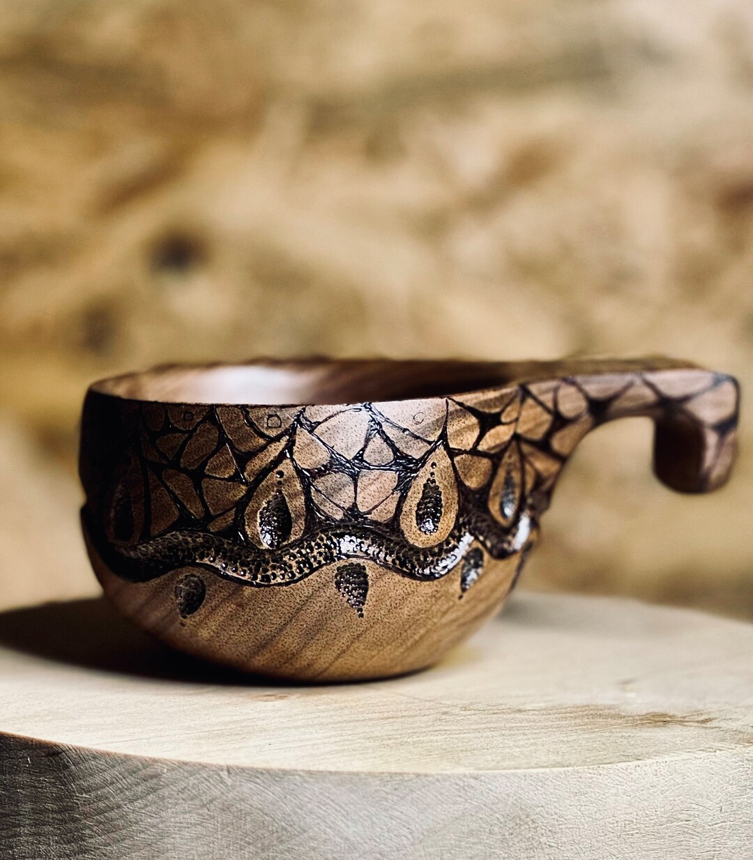 Hand Carved Walnut Kuksa With Pyrographed Ornaments, Unique Handmade ...