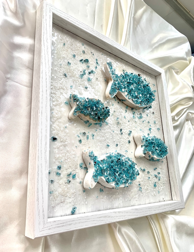 Plaster Wall Art Set of 4 Fish Crushed and Resin Painting - Etsy