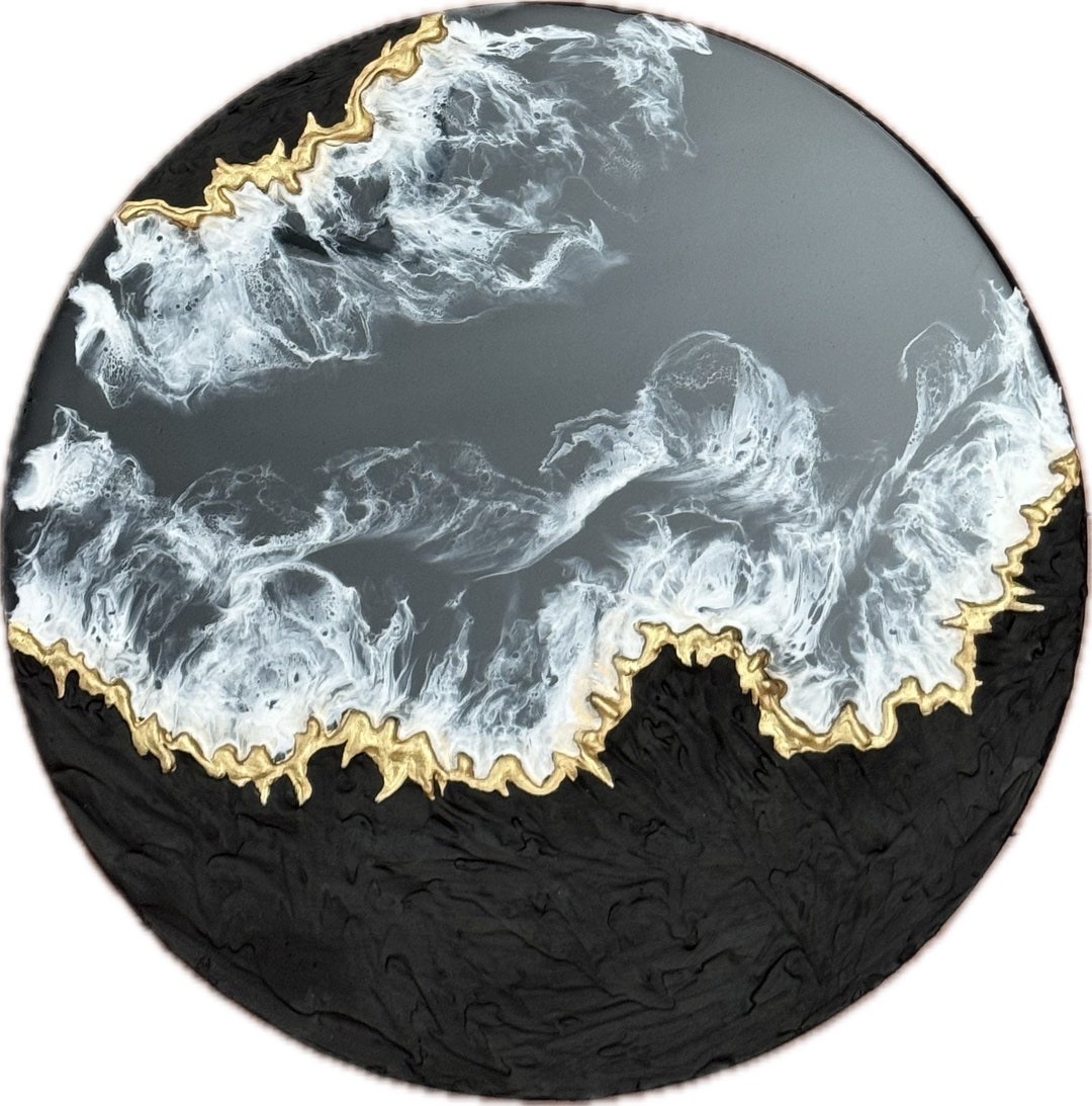 Black and Gold Resin Beach, Elegant Round Painting in Resin, , Resin ...
