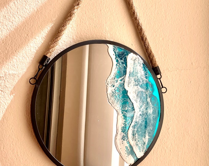 Resin Wave Decorated Hanging Mirror, Round Marine Art Mirror, Resin ...