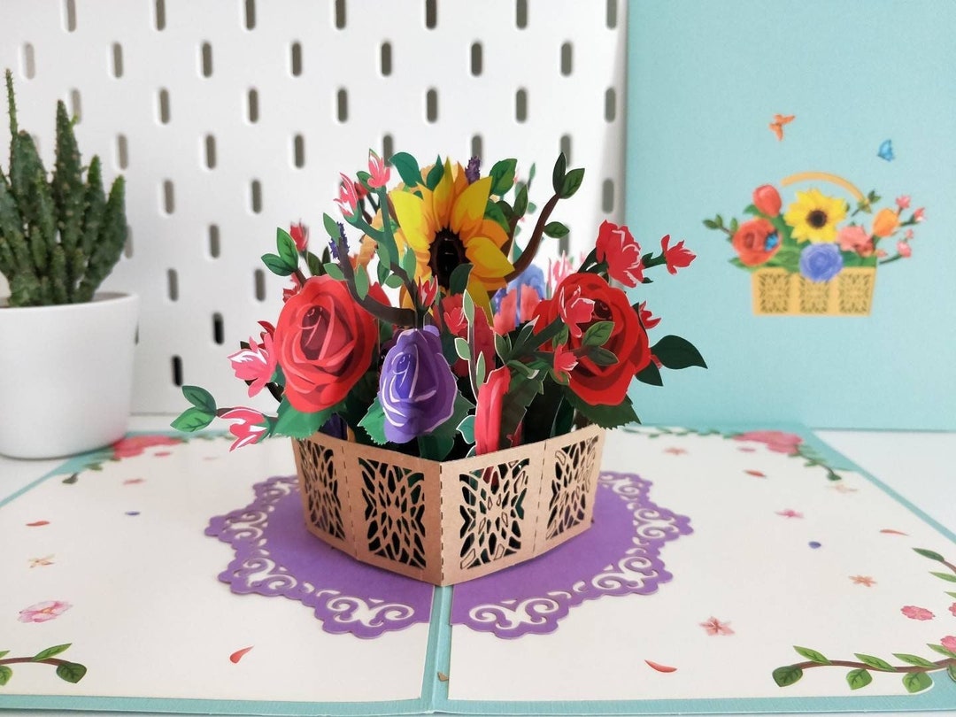 Mixed Flower Basket Pop up 3D Card Mothers Day Birthday Valentines ...
