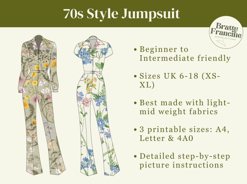 70s Style Jumpsuit Digital Pdf Sewing Pattern // UK Size 6-18 // XS-XL ...