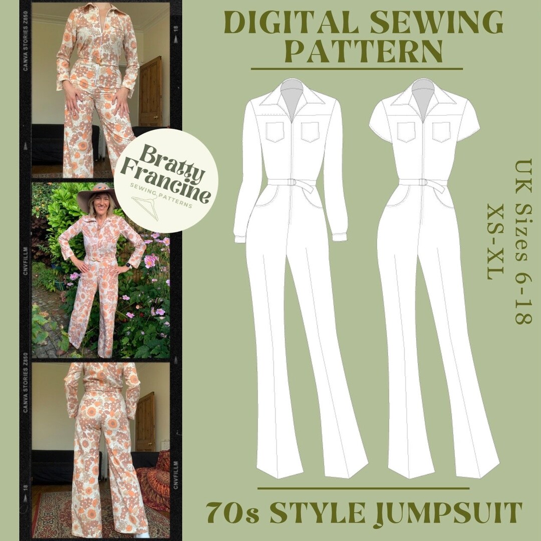 70s Style Jumpsuit Digital Pdf Sewing Pattern // UK Size 6-18 // XS-XL // Instant Download in 3 ...