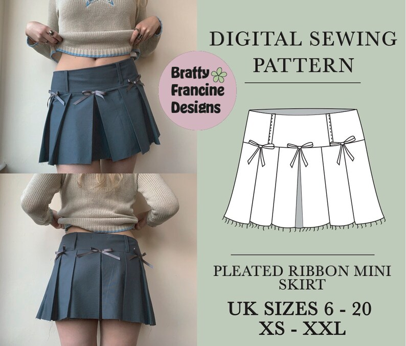 Pleated Ribbon Mini Skirt Digital Pdf Sewing Pattern // UK Size 6-20 ...