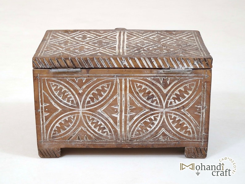 RUSTIC STORAGE CHEST, Moroccan Handicraft Trunk, Unique Craved Wooden ...