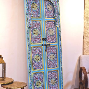 Hand Painted Moroccan Double Door, Blue Floral Arched Wood Door, Gold ...