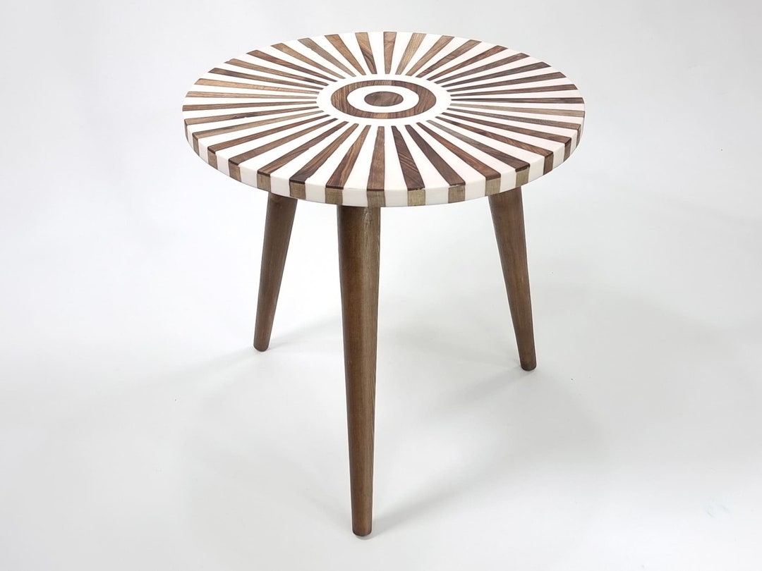 UNIQUE Round Wooden Stripe Side Table, Amazing Handmade White-wood ...