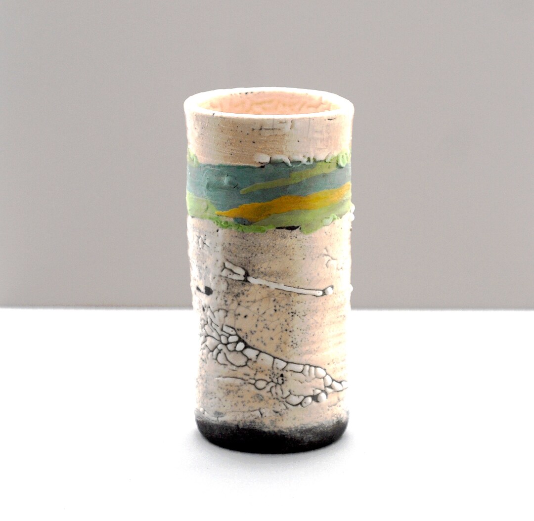 Tube Vase 2, Handmade Raku Vase, Unique Ceramic Piece, Painting, White ...