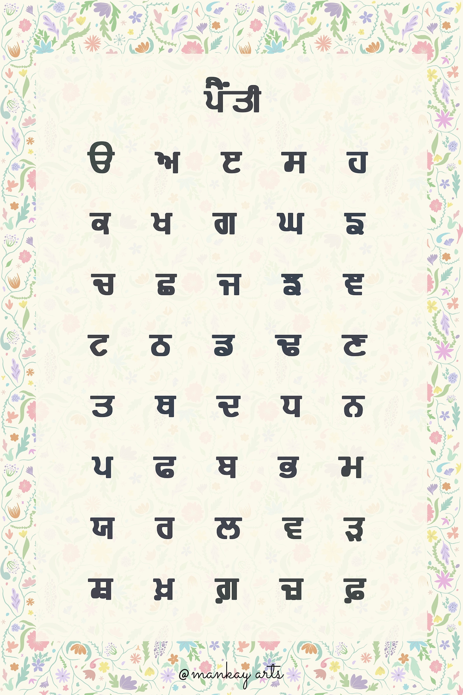 Painti Akhri | Floral Punjabi Alphabet Print | Gurmukhi Alphabet Chart ...