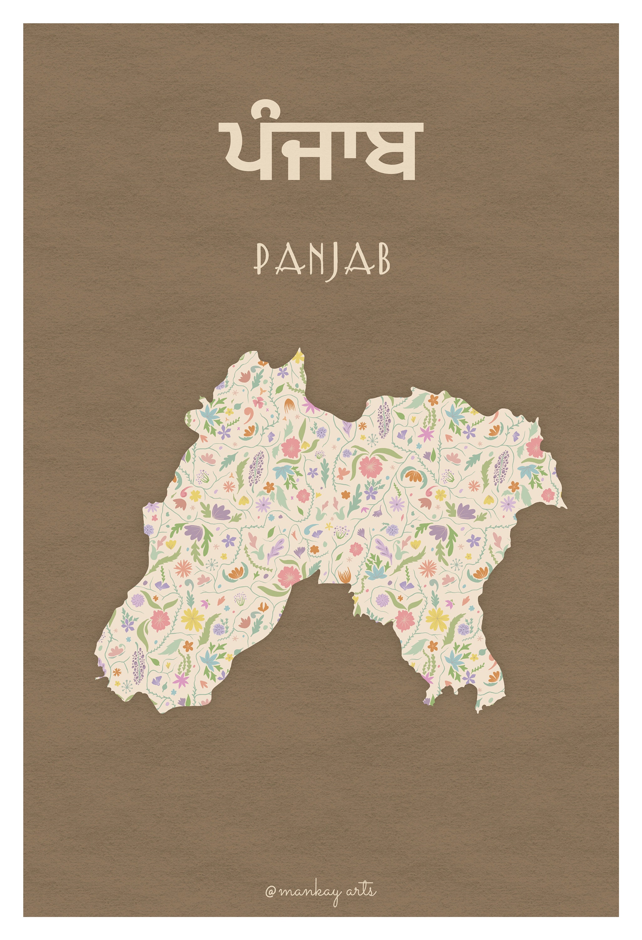 Map of Undivided Panjab | Floral Map | Old Panjab Map | Punjabi Wall ...