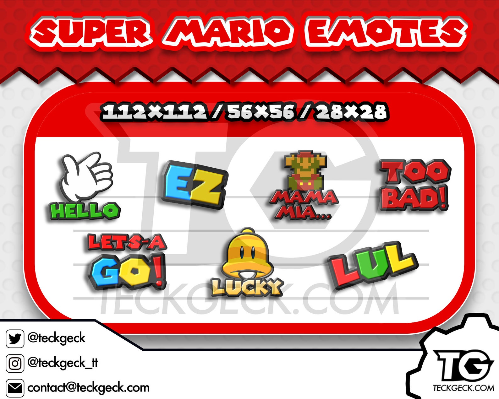 Mario Twitch Emotes X14 | Lets-a Go, Mama Mia, Lol, Too Bad, Hype, LUL ...