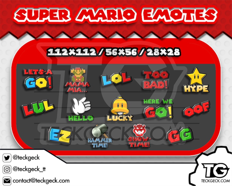 Mario Twitch Emotes X14 | Lets-a Go, Mama Mia, Lol, Too Bad, Hype, LUL ...