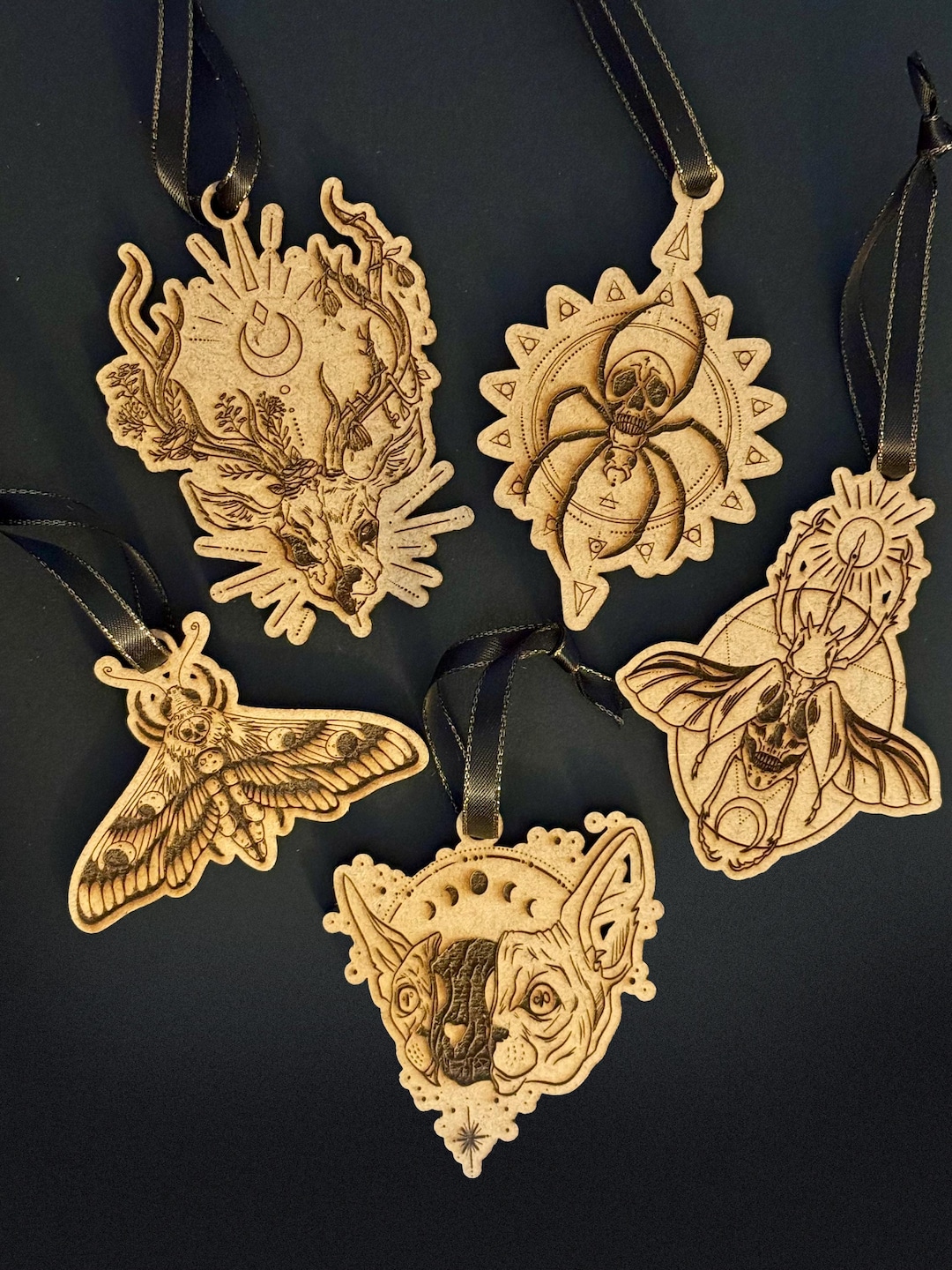 Spooky Dark Christmas Tree Decorations - Gothic Wooden Ornaments ...