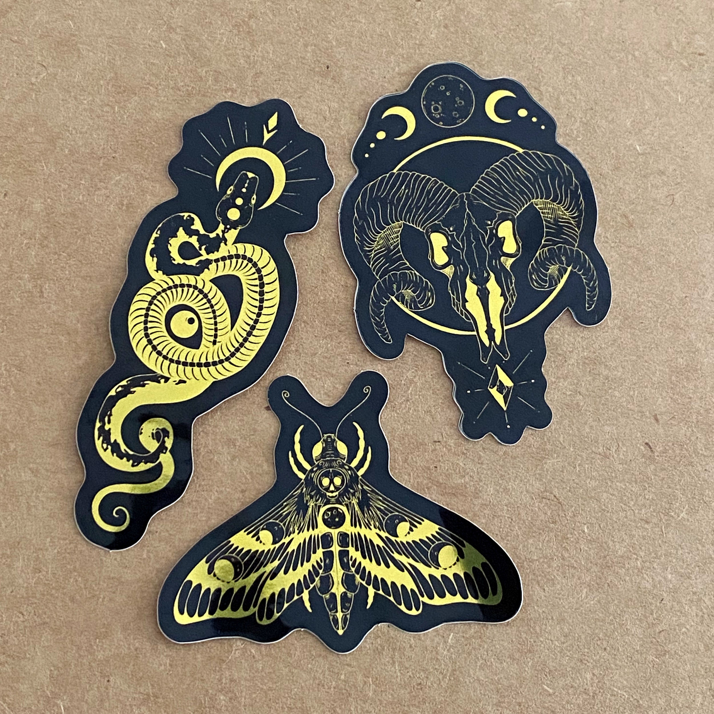 Set of 3 Gothic Esoteric Stickers - Gold Holographic - Skulls, Sphinx ...