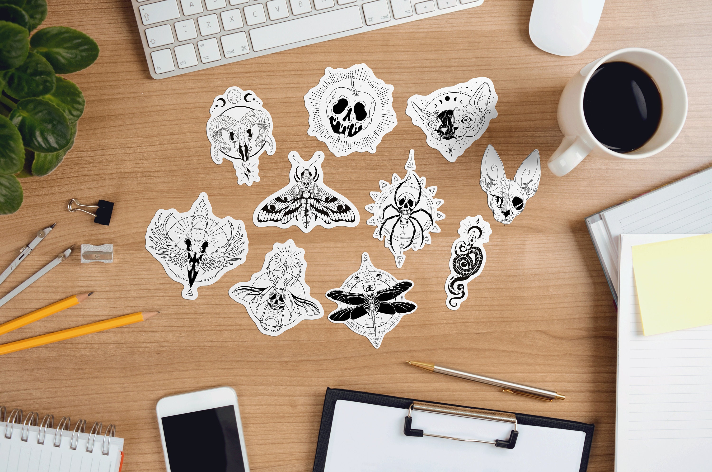 Pack of 10 Skull/skeleton Stickers Gothic Tattoo Style Durable Vinyl - Etsy