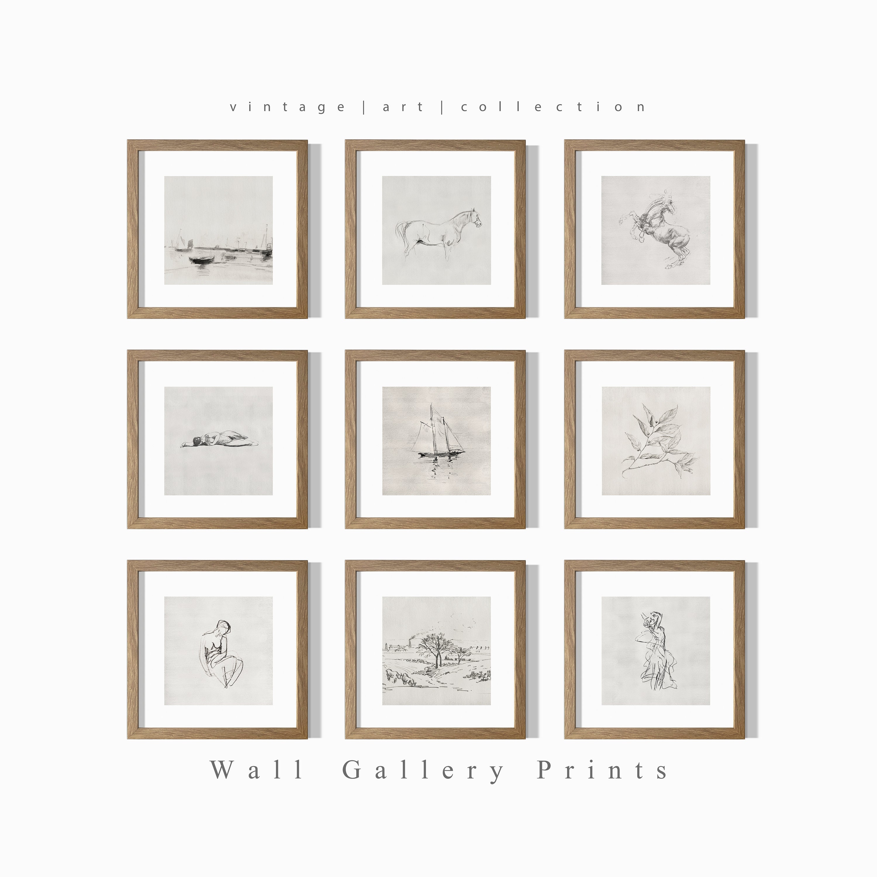 Minimalist Neutral Abstract Drawing SET Modern Vintage Print Antique ...